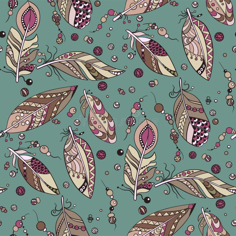 Tribal Native Seamless Pattern with Feathers and Beads in Vector Stock ...