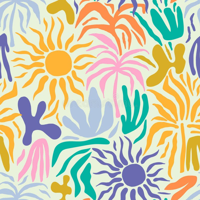 Seamless Tropical Abstract Pattern with Sun, Palm Tree, Leaves. Summer ...