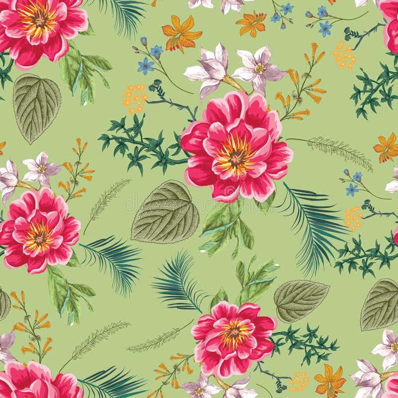 Seamless Tropical Flower with Leaves Small Flowers Pattern Stock Vector ...