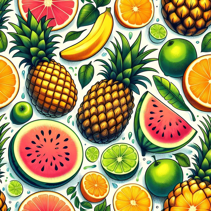 Seamless Tropical Fruit Pattern in Hand-drawn Style on White Background ...