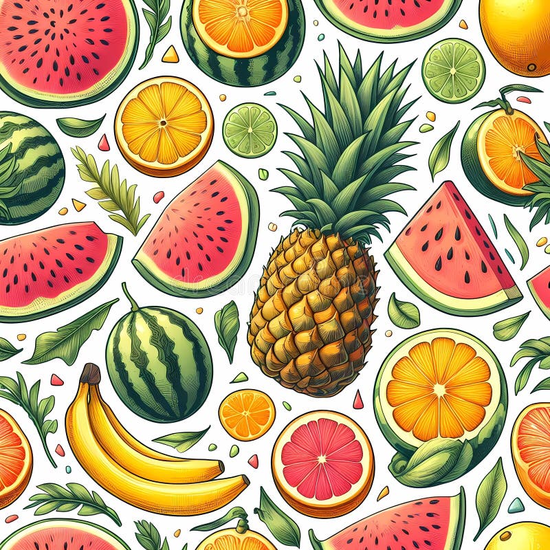 Seamless Tropical Fruit Pattern in Hand-drawn Style on White Background ...