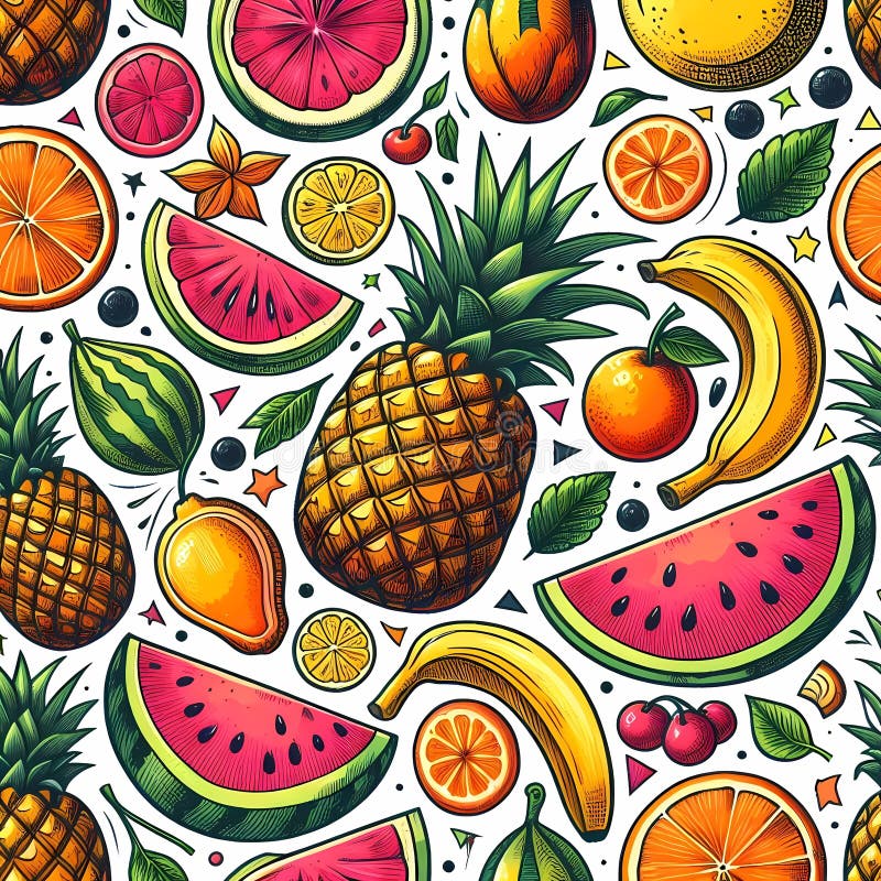 Seamless Tropical Fruit Pattern in Hand-drawn Style on White Background ...