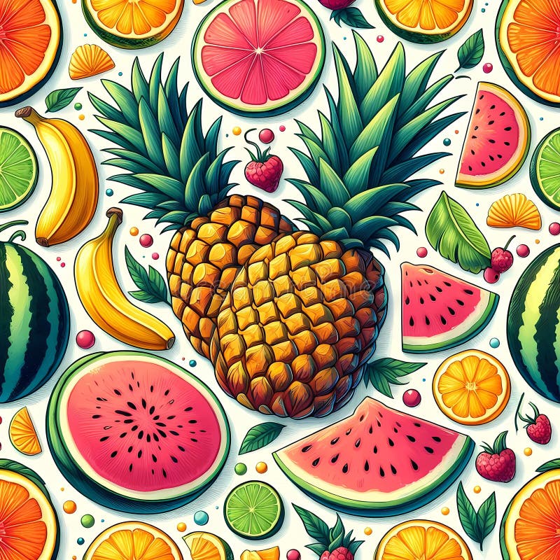 Seamless Tropical Fruit Pattern in Hand-drawn Style on White Background ...