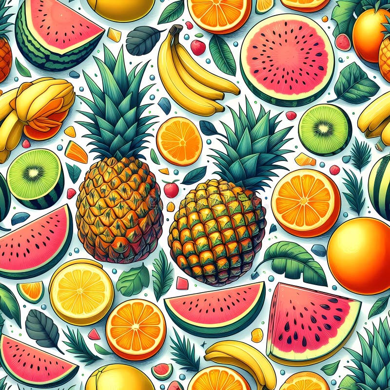 Seamless Tropical Fruit Pattern in Hand-drawn Style on White Background ...