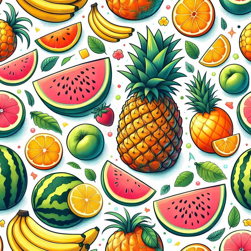 Seamless Tropical Fruit Pattern in Hand-drawn Style on White Background ...