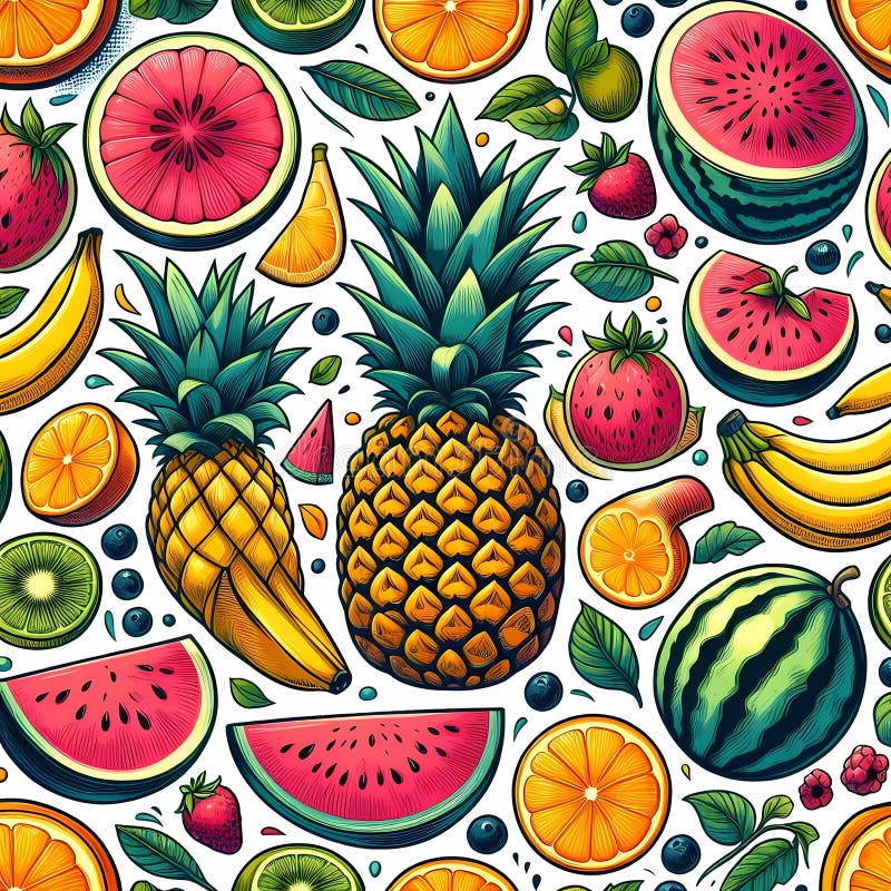 Seamless Tropical Fruit Pattern in Hand-drawn Style on White Background ...