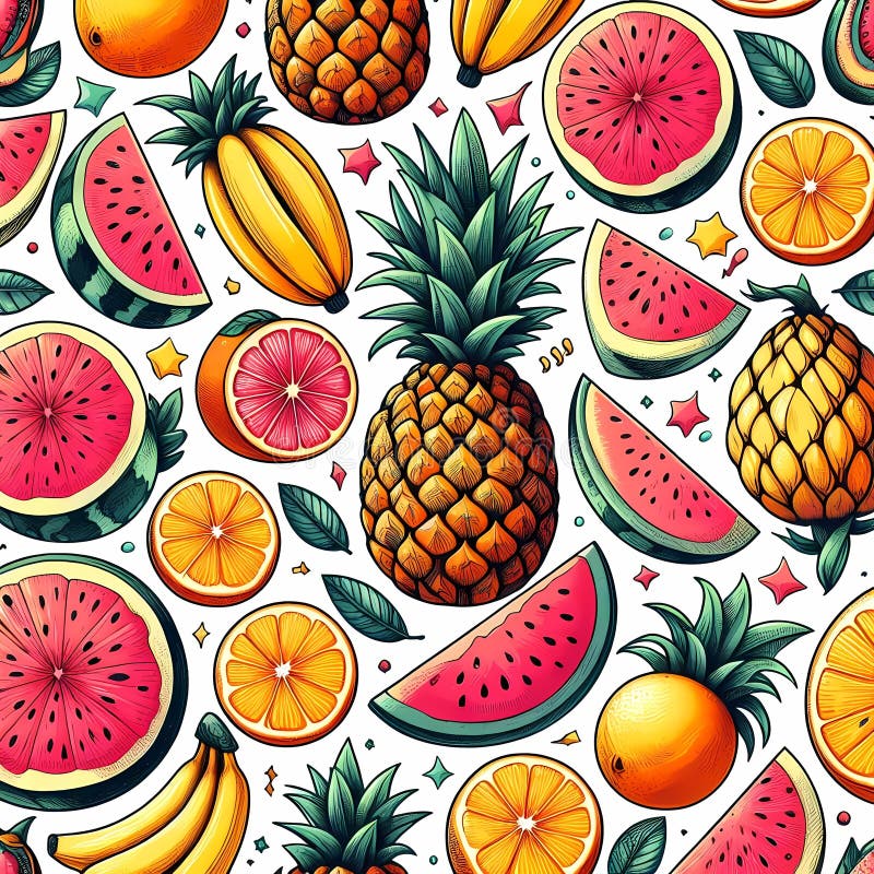 Seamless Tropical Fruit Pattern in Hand-drawn Style on White Background ...