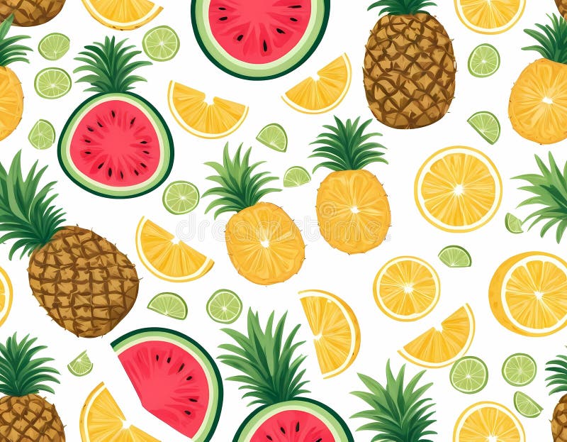 Seamless Tropical Fruit Pattern in Hand-drawn Style on White Background ...