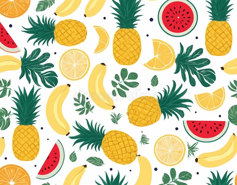 Seamless Tropical Fruit Pattern in Hand-drawn Style on White Background ...