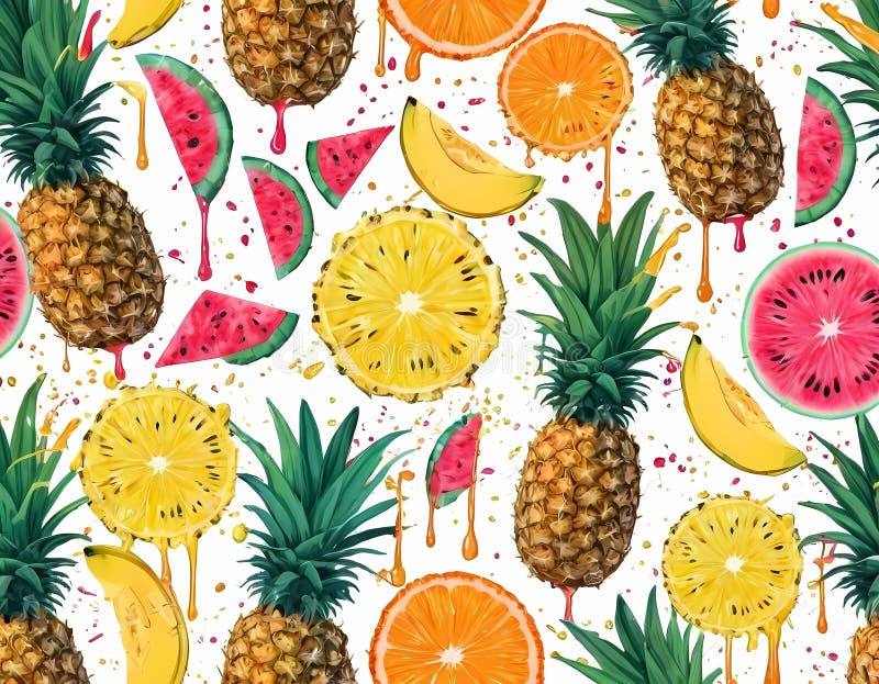 Seamless Tropical Fruit Pattern in Hand-drawn Style on White Background ...