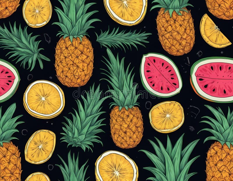 Seamless Tropical Fruit Pattern in Hand-drawn Style on White Background ...