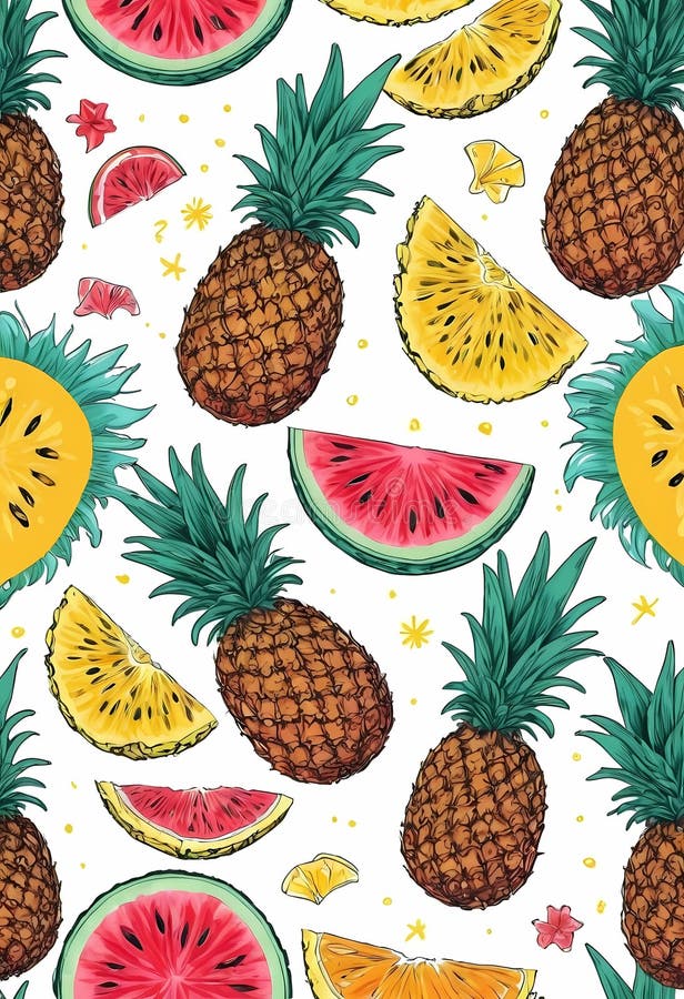 Seamless Tropical Fruit Pattern in Hand-drawn Style on White Background ...