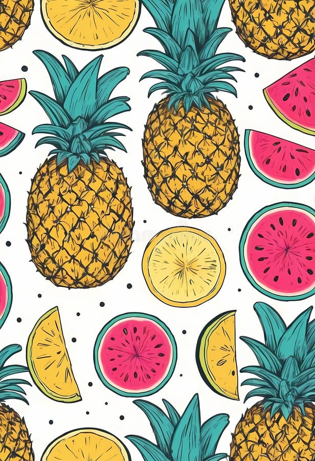 Seamless Tropical Fruit Pattern in Hand-drawn Style on White Background ...