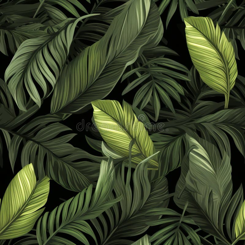 Seamless Tropical Leaf Pattern with Monstera, Banana Tree, and Palm in Dark Green Color Stock ...