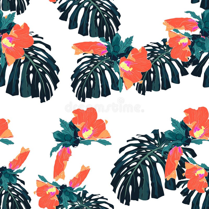 Seamless Tropical Pattern, Vivid Tropic Foliage, with Monstera Leaves ... Seamless Tropical Pattern, Vivid Tropic Foliage, with Monstera Leaves ...