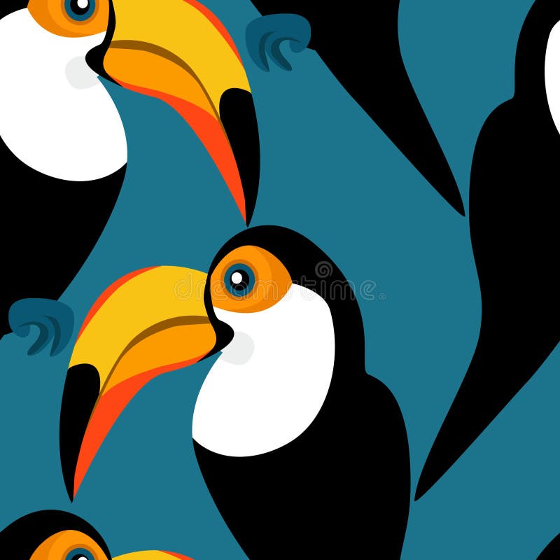 Toucans, Blue Palm Leaves, Black Background. Floral Seamless Pattern ...