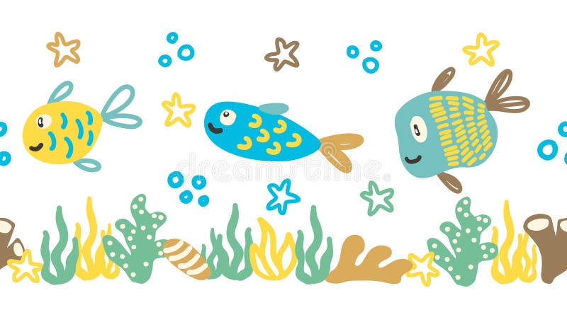 Seamless Underwater Border with Cute Fish Corals and Bubbles, Kids ...