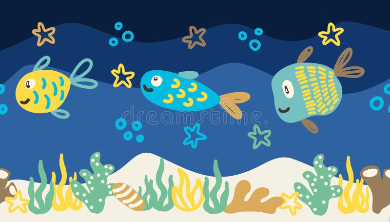 Seamless Underwater Border Pattern with Cute Fish and Sea Elements ...