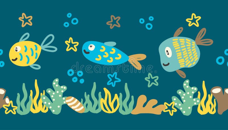 Seamless Underwater Border Pattern, Fish, Ocean, Marine Decor Stock ...