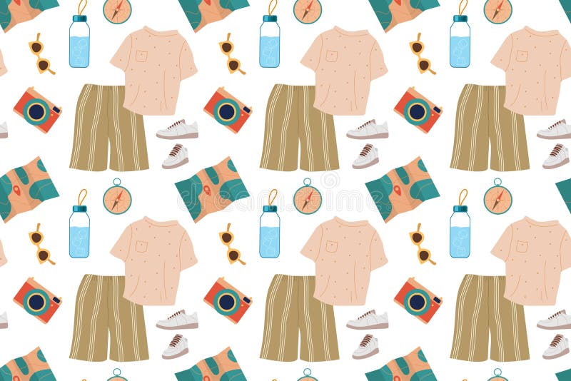 Seamless Vacation Pattern. Clothes and Shoes for Excursions, Map, Water ...