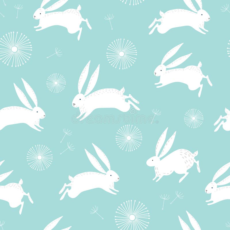 Seamless Vecor Pattern with White Hare or Rabbit and Flowers on a Blue ...