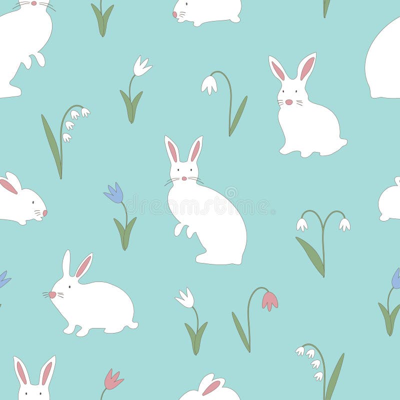 Seamless Vecor Pattern with White Hare or Rabbit and Flowers on a Blue ...