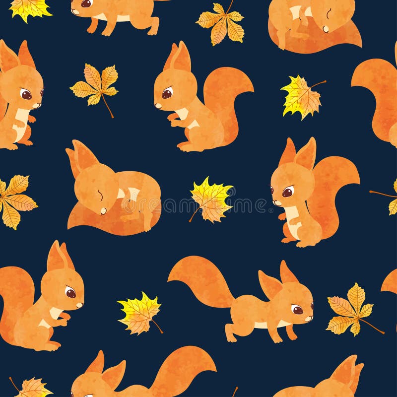 Seamless Vector Autumn Pattern with Cute Squirrels and Leaves Stock Vector - Illustration of ...
