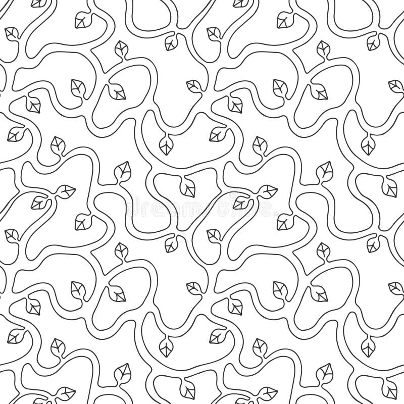 Seamless Vector Black and White Hand Drawn Pattern with Branch, Leaves ...