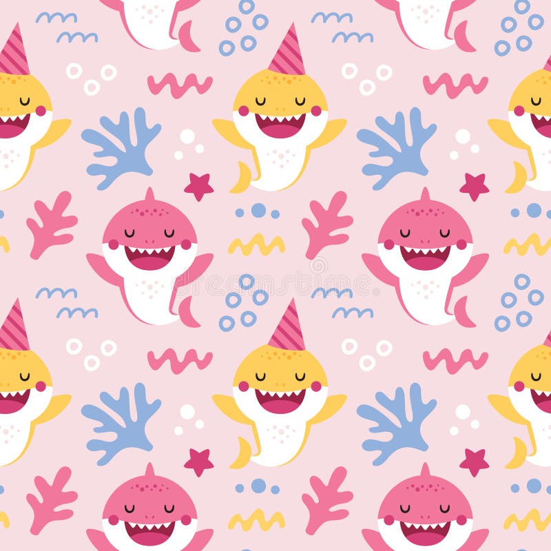 Seamless Vector Cartoon Pattern with Baby Shark for Birthday Stock ...