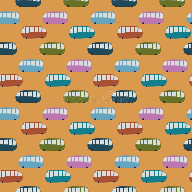 Seamless Vector Childish Pattern with Colorful Cute Buses on a Yellow ...