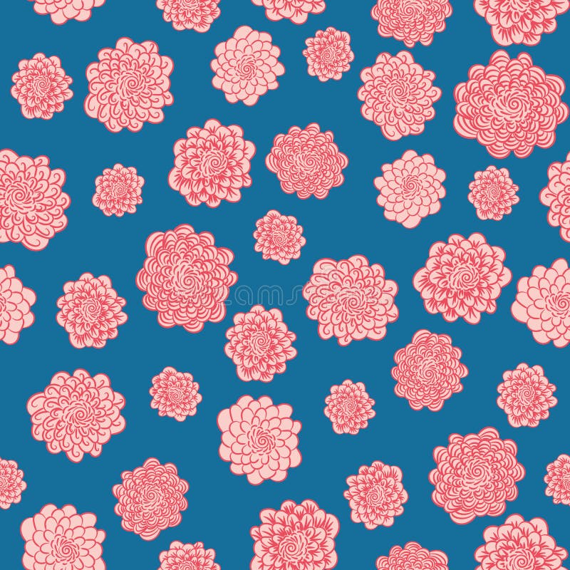 Seamless Vector Pattern with Pink Round Flowers on a Blue Backgrond ...