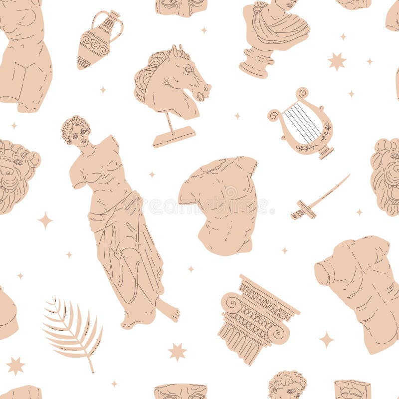 Seamless Vector Design with Ancient Greek Sculptures, Columns and Stars ...