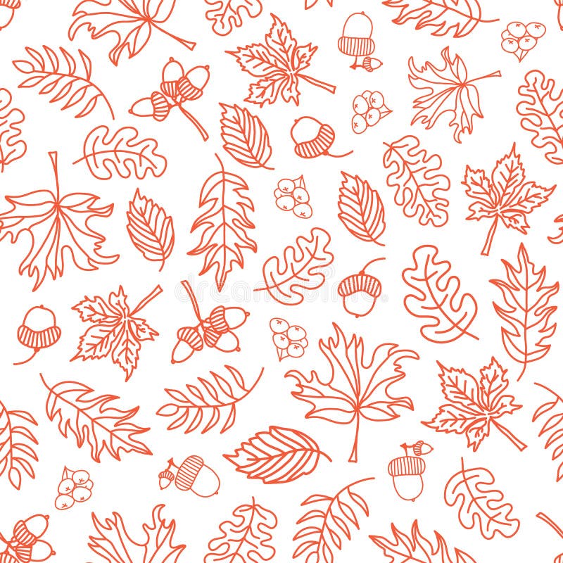 Seamless Vector Doodle Leaves Background. Orange Leaves on a Whi Stock ...