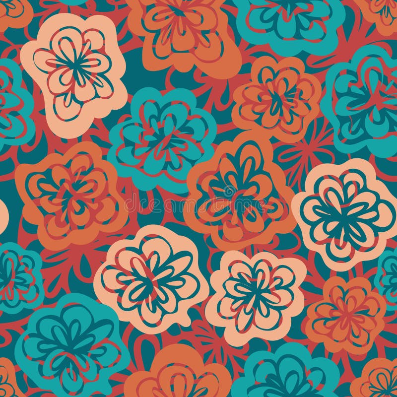 Seamless Vector Floral Pattern in Vibrant Teal and Orange Stock Vector ...