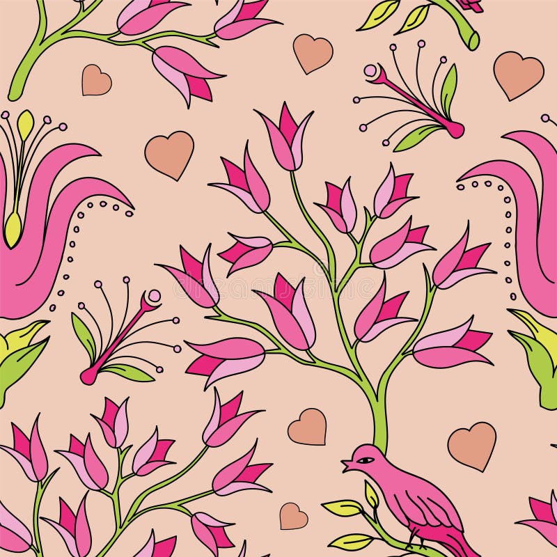 Seamless Vector Flower, Birds Design Pattern Stock Vector ...