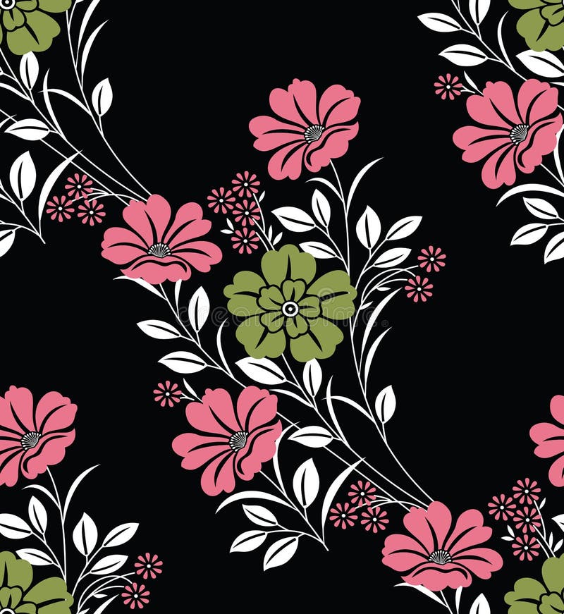Seamless Vector Flower Pattern on Black Background Stock Vector ...