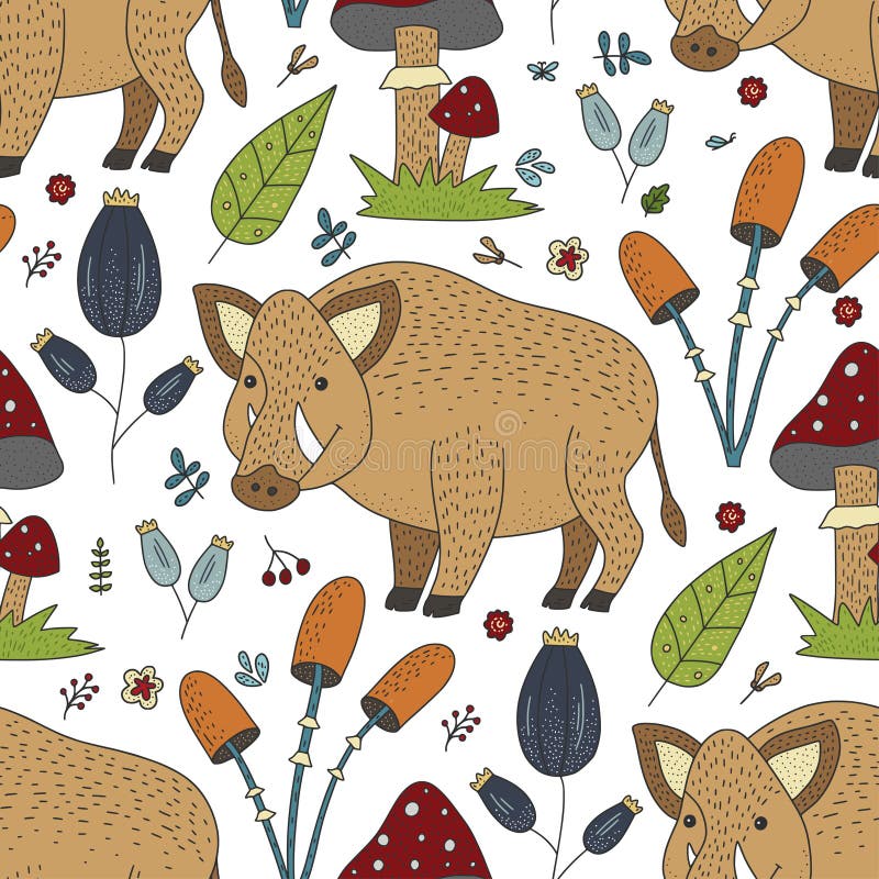 Seamless Vector Forest Pattern with Cute Color Illustrations. Stock ...