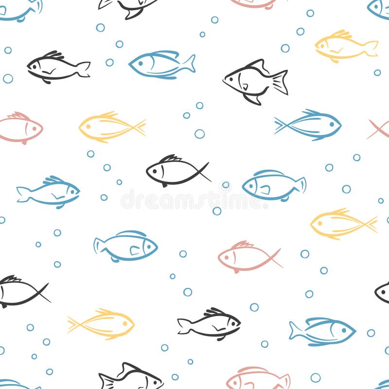 Seamless Vector Hand Drawn Fish Pattern. Marine Illustration Stock ...