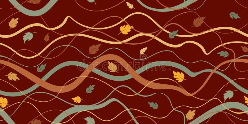 Seamless Vector Pattern Autumn Wavy Lines and Falling Leaves Dark ...