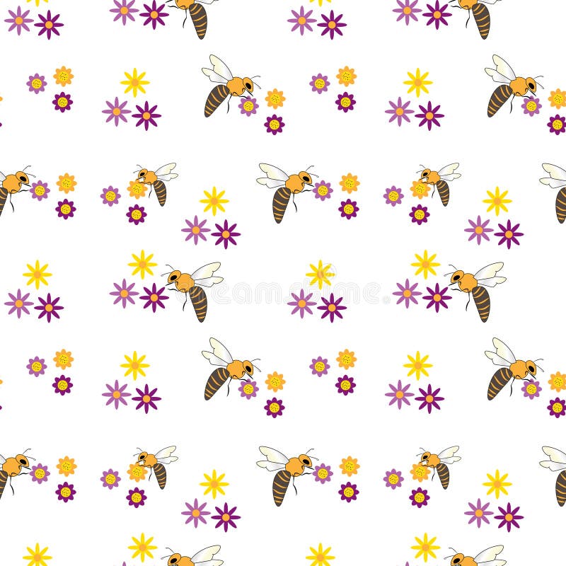 Seamless Vector Pattern of Bees and Flowers on White Background ...