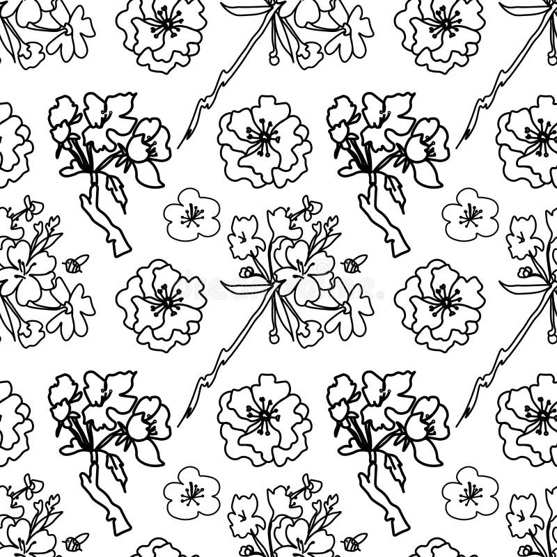 Seamless Vector Pattern with Black Line Sakura on Transparent ...