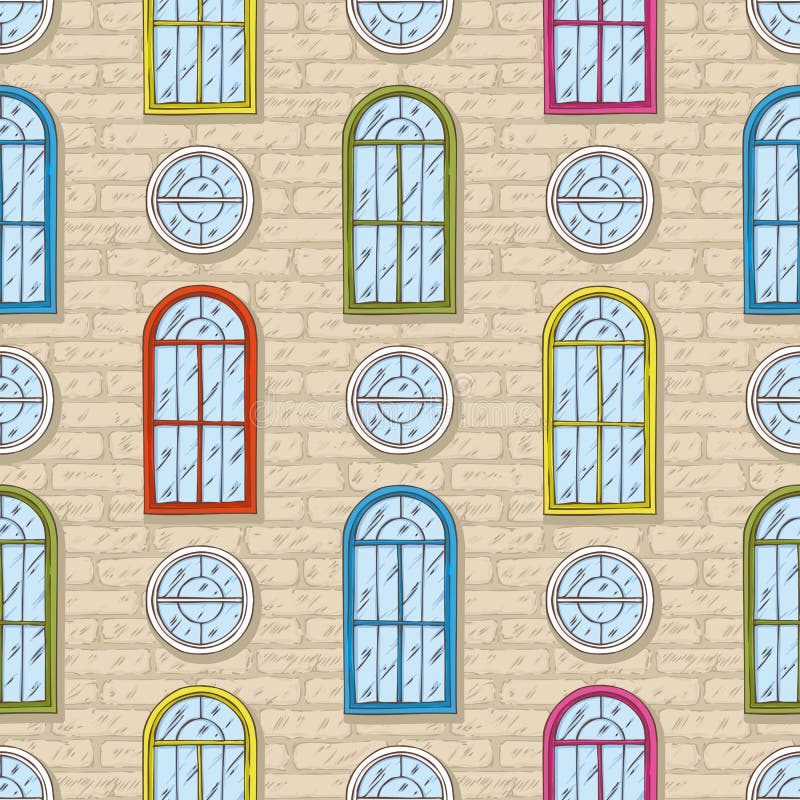 Seamless Vector Pattern with Brick Wall and Color Windows Stock ...