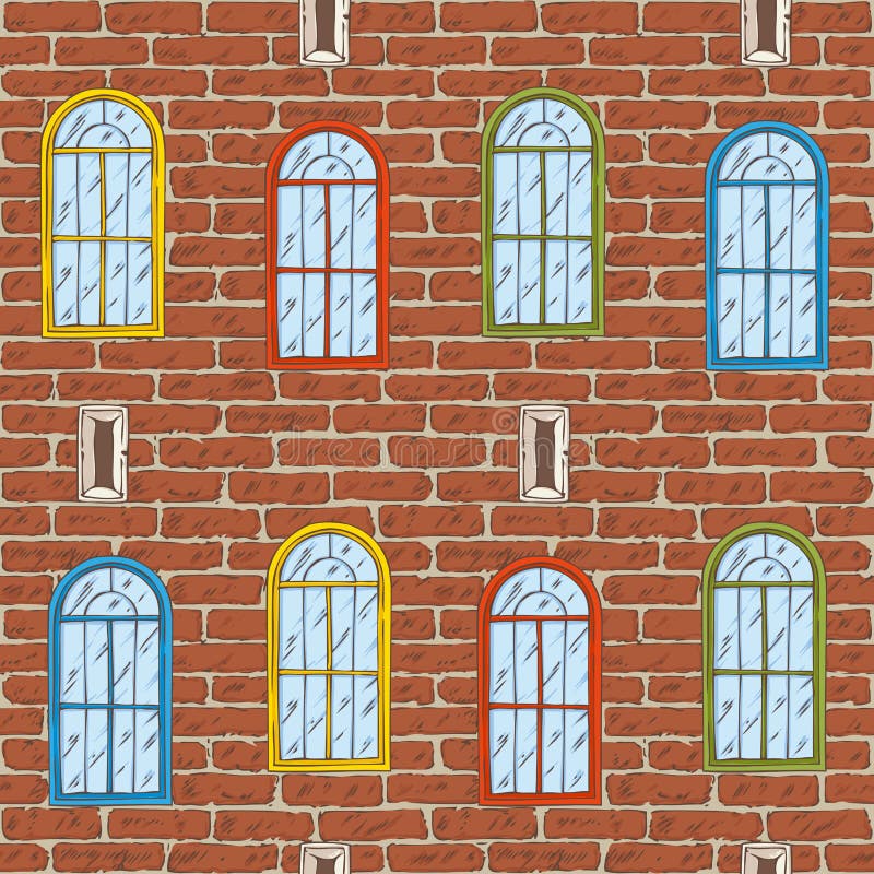 Seamless Vector Pattern with Brick Wall and Color Windows Stock ...