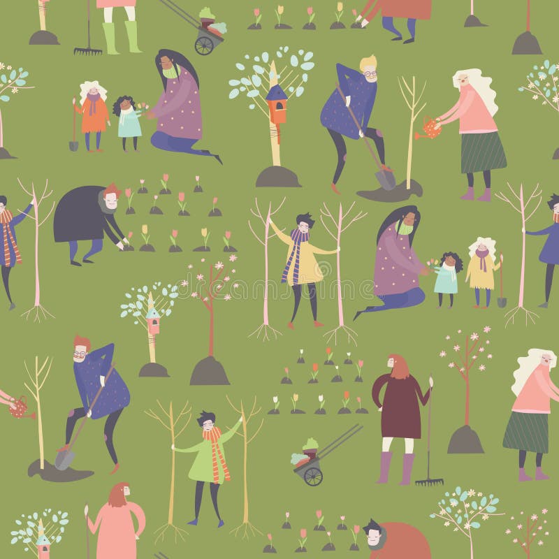 Seamless Vector Pattern with Cartoon People are Gardening in Spring ...