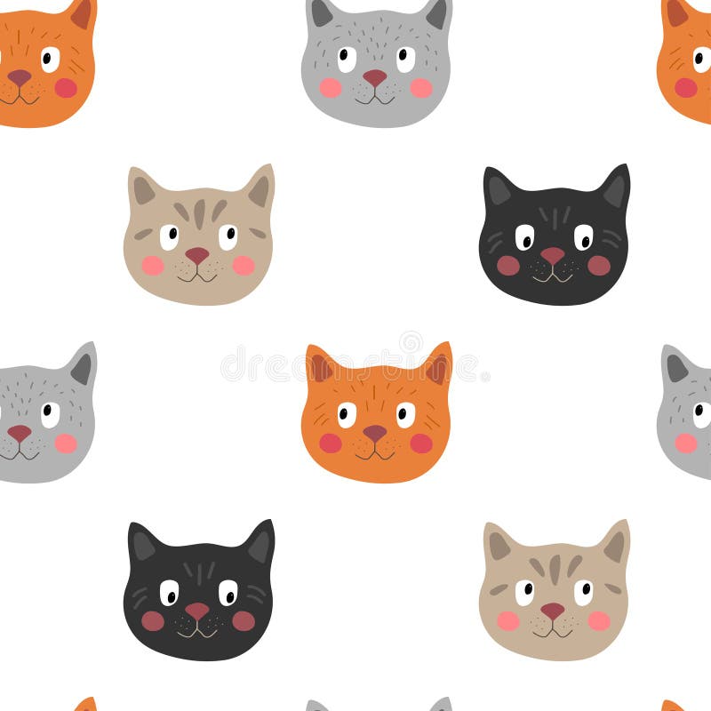Seamless Vector Pattern with Cat Faces on a White Background. Cute Cats ...