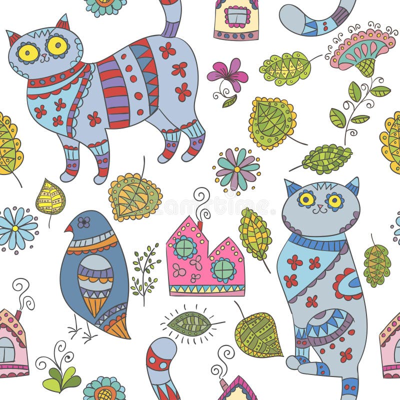Seamless Vector Pattern with Cats, Birds, Leaves and Flowers Stock ...