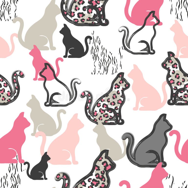 Seamless Vector Pattern with Cats and Leopard Print Stock Vector ...