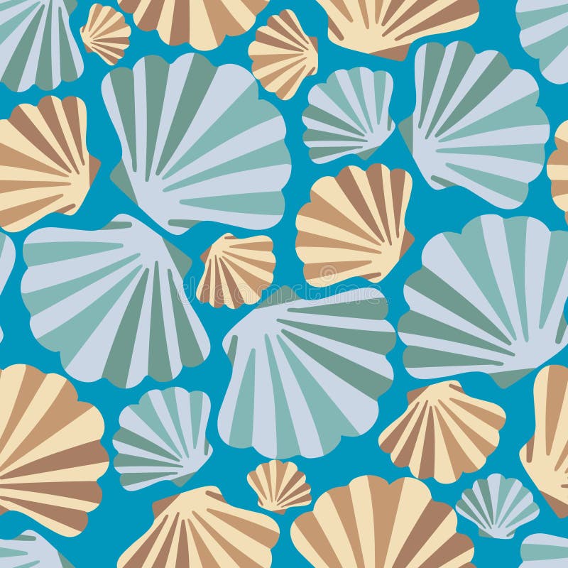 Seamless Vector Pattern of Colorful Scallop Seashells on Bright Blue ...