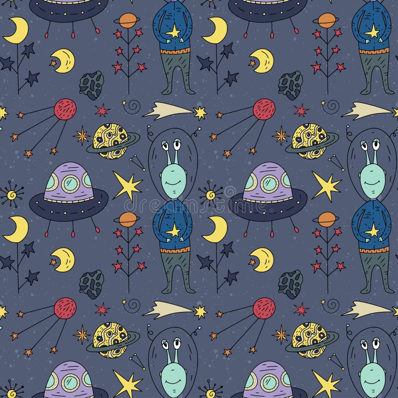 Seamless Pattern with Cosmos Doodle Illustrations. Stock Vector ...