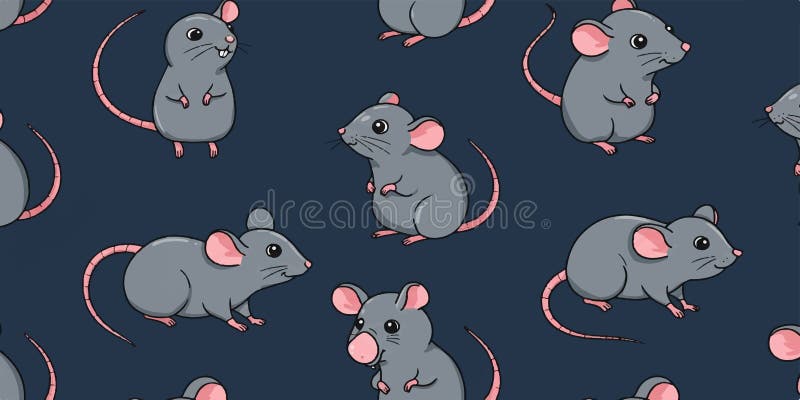 Seamless Vector Pattern of Cute Cartoon Rats on Dark Background Stock ...